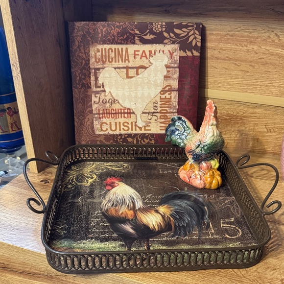 Kitchen | Rustic Rooster Serving Tray With Handles Rooster Figurine And ...